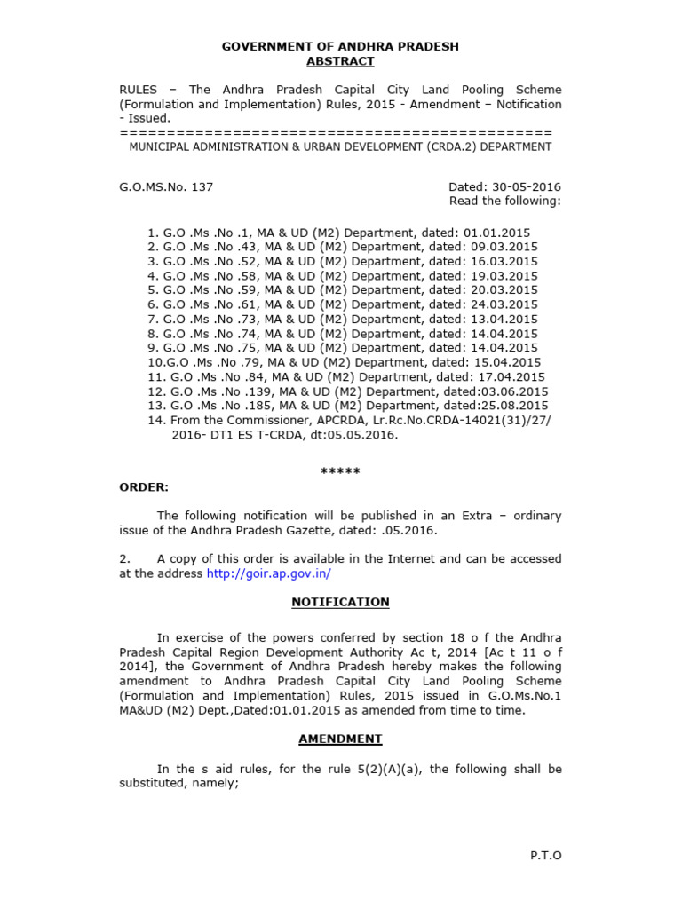 G.O.MS - No. 137 MAUD - MS137 30-05-2016 | PDF | Government Of India | Government