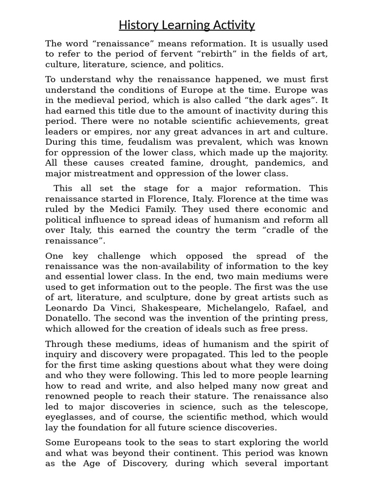 History Learning Activity | PDF | Renaissance | Industrial Revolution