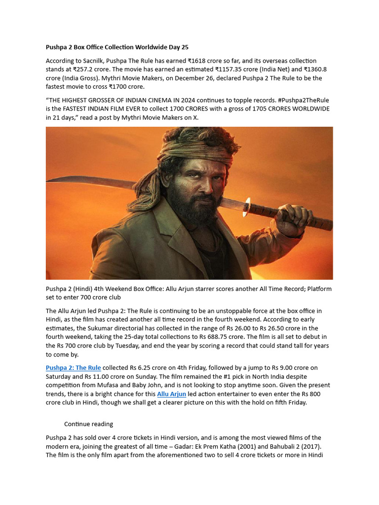 Pushpa 2 Box Office Collection Worldwide Day 25 | PDF | Box Office | Cinema Of India