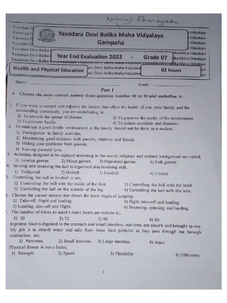 Grade 7 Health Year End Evaluation Grade 7 2022 | PDF