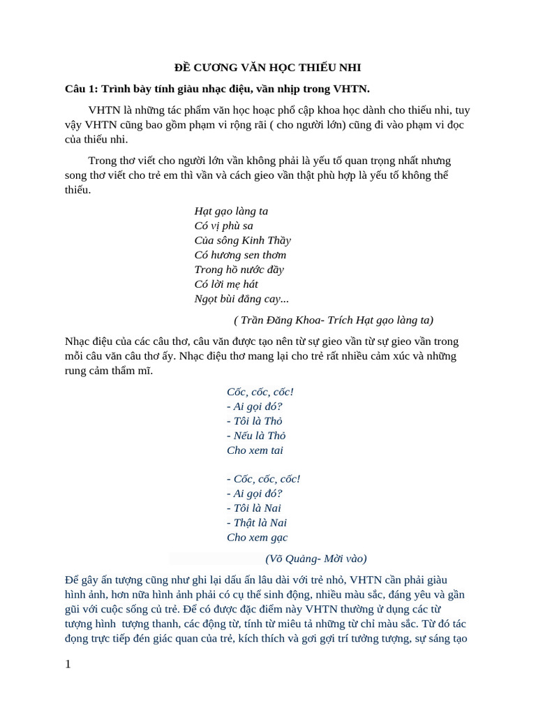 ĐỀ CƯƠNG VĂN HỌC THIẾU NHI | PDF