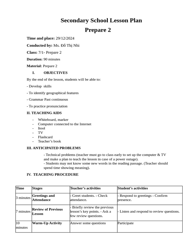 Secondary School Lesson Plan for Class 7 | PDF | Teachers | Behavior ...