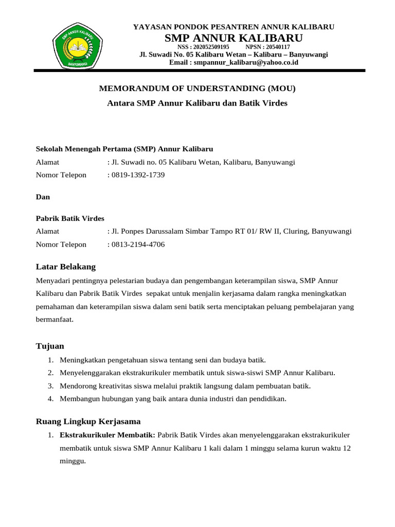 Mou SMP Annur Kalibaru Dengan Pabrik Batik Tresno | PDF