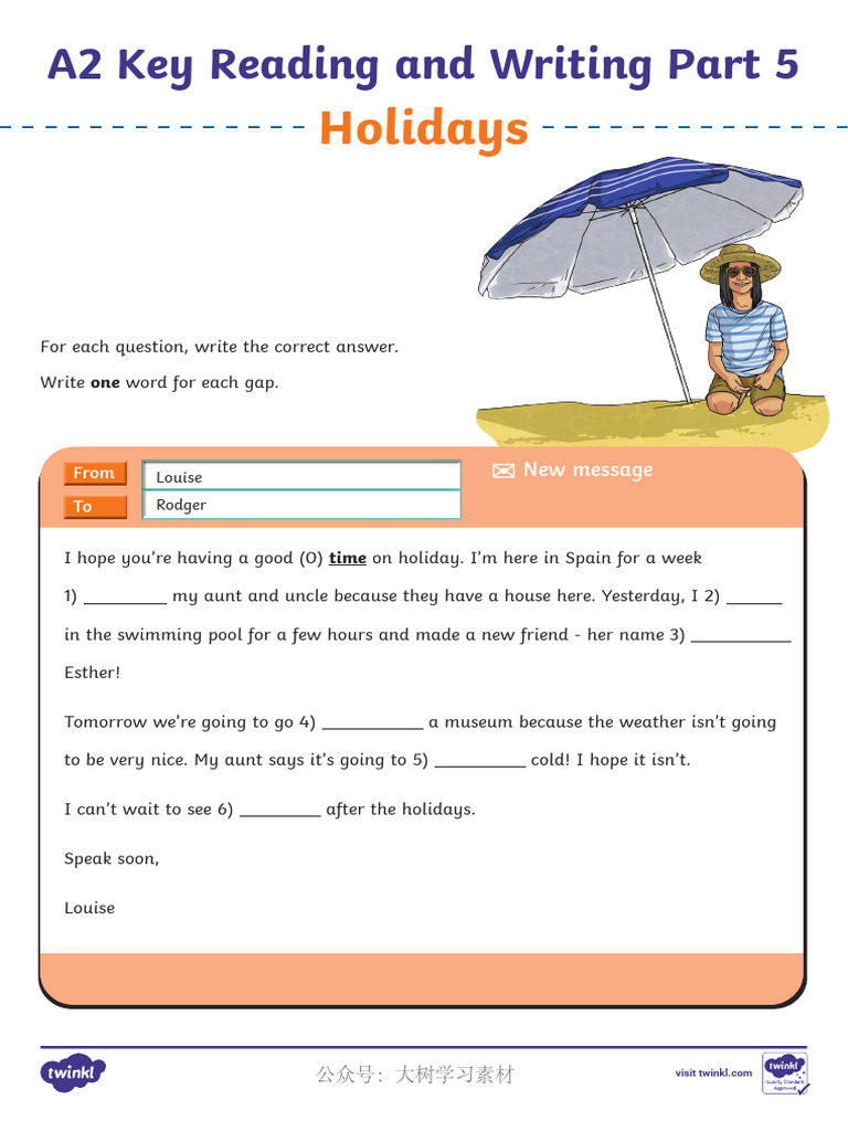 A2 Key Writing: Holiday Reading Exercise | PDF