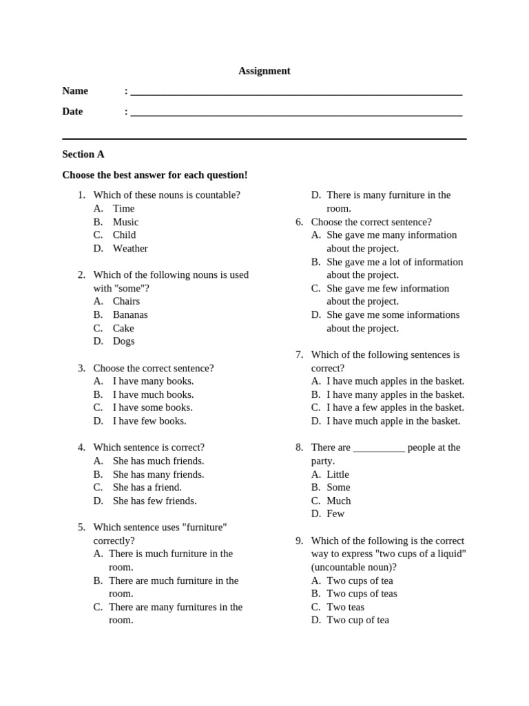 Countable vs Uncountable Nouns Quiz | PDF | Semantic Units | Morphology