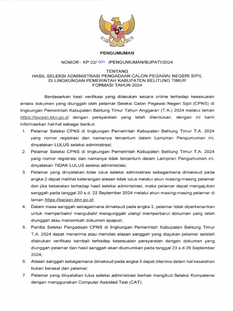 Pengumuman Hasil Seleksi Administrasi Beltim - 240917 - 090833 | PDF