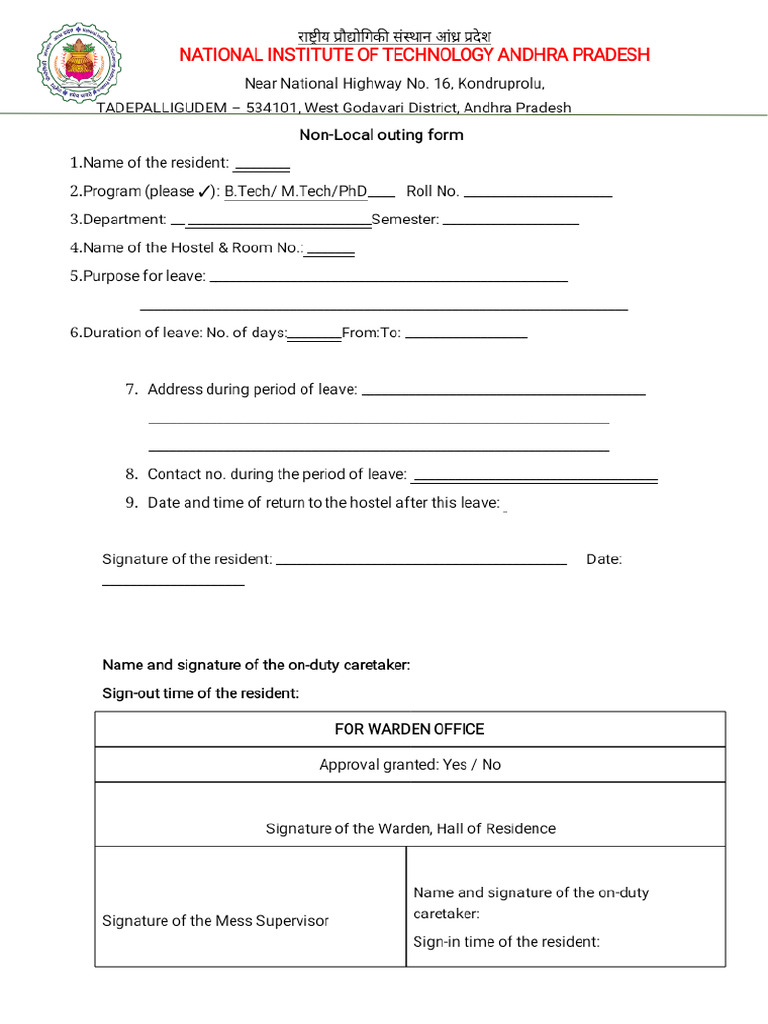 Non-Local Outing Request Form For First Year B.tech | PDF