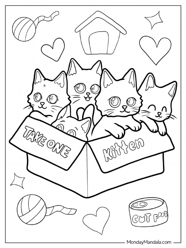 Kittens in Box For Adoption Coloring Page | PDF