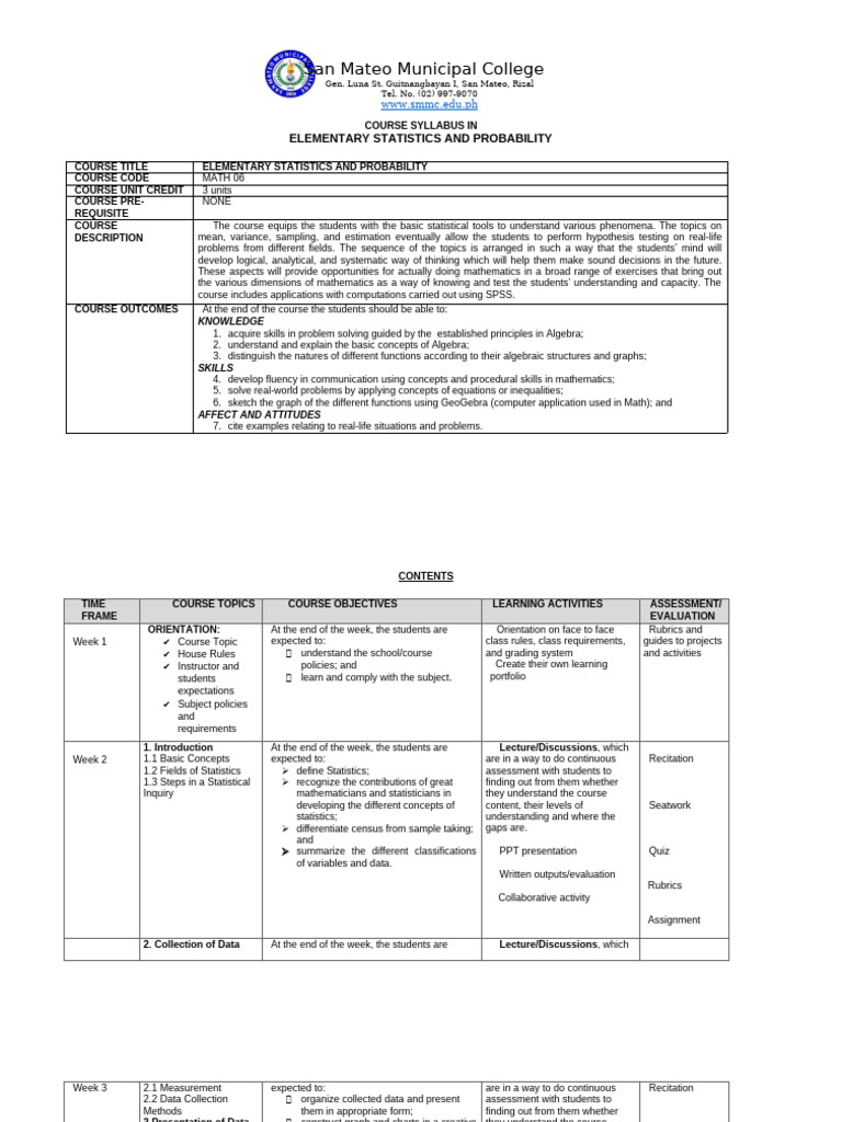 Elementary Statistics Course Syllabus | PDF | Statistics | Hypothesis