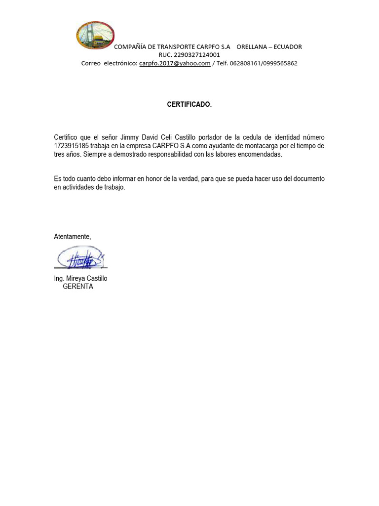 Certificado de Trabajo Jimmy Celi | PDF