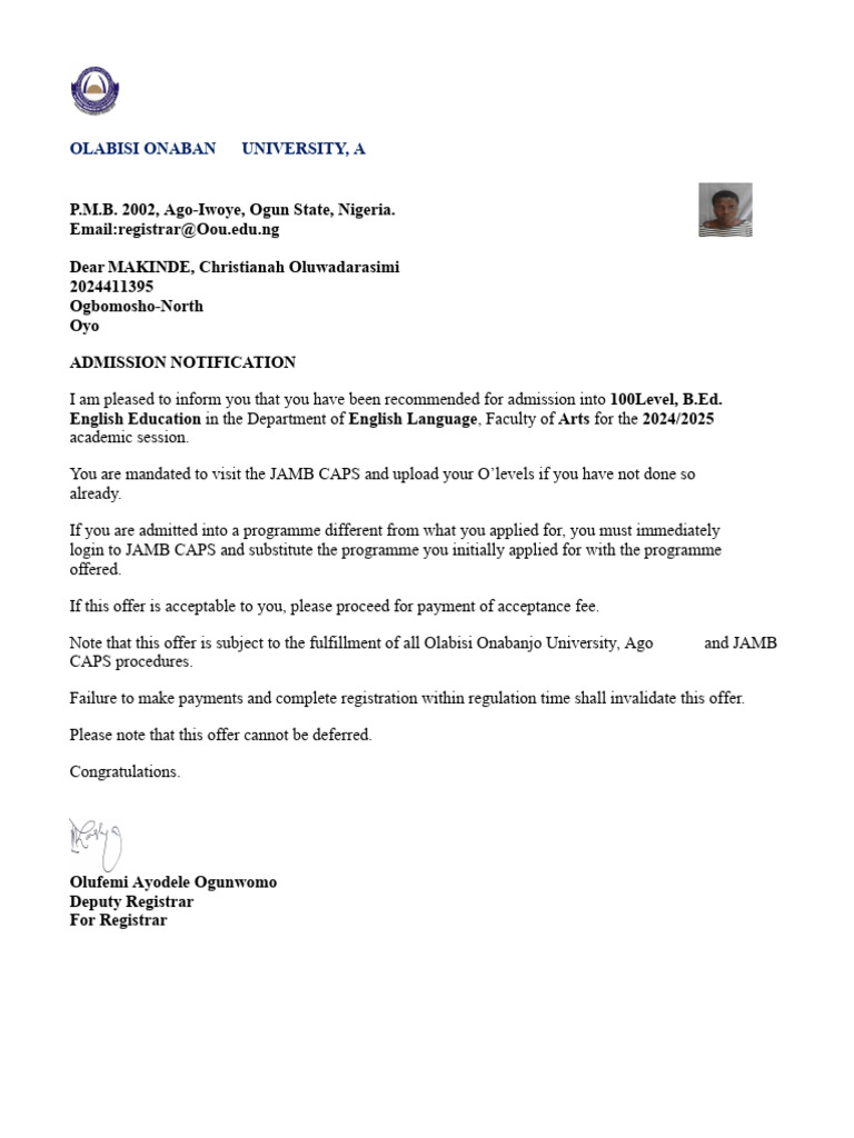 202441139580JA Admission Letter | PDF
