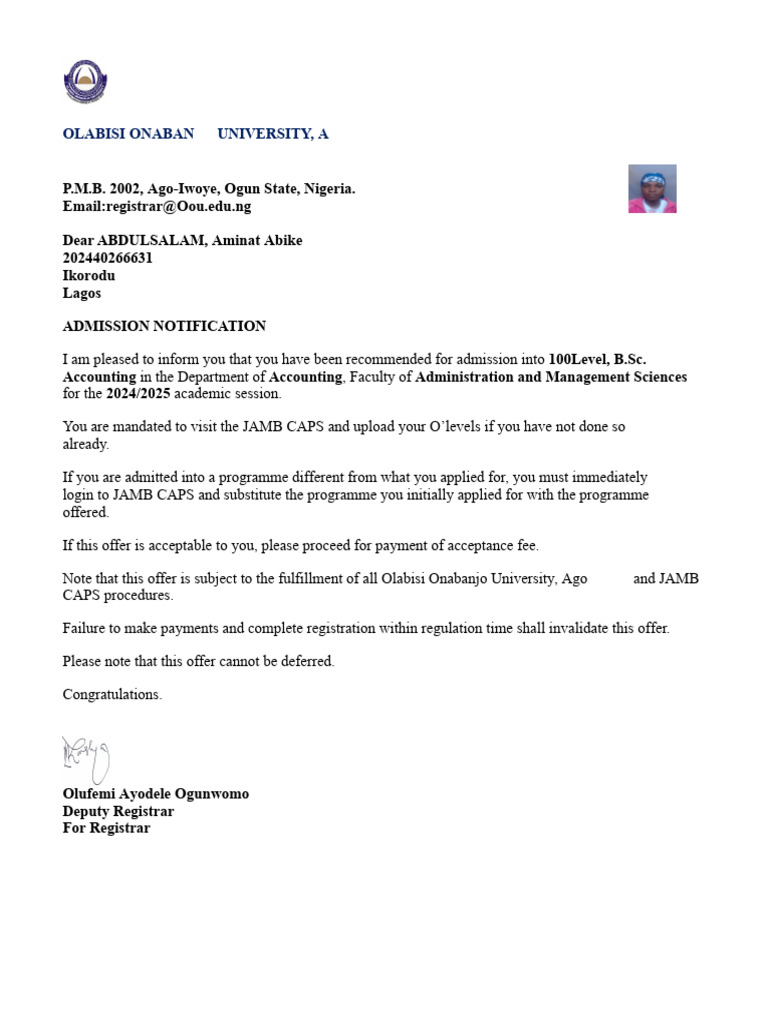 202440266631GA Admission Letter | PDF