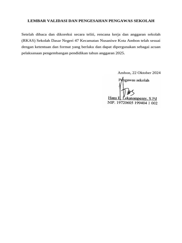Lembar Validasi Dan Pengesahan Pengawas Sekolah (2025) | PDF