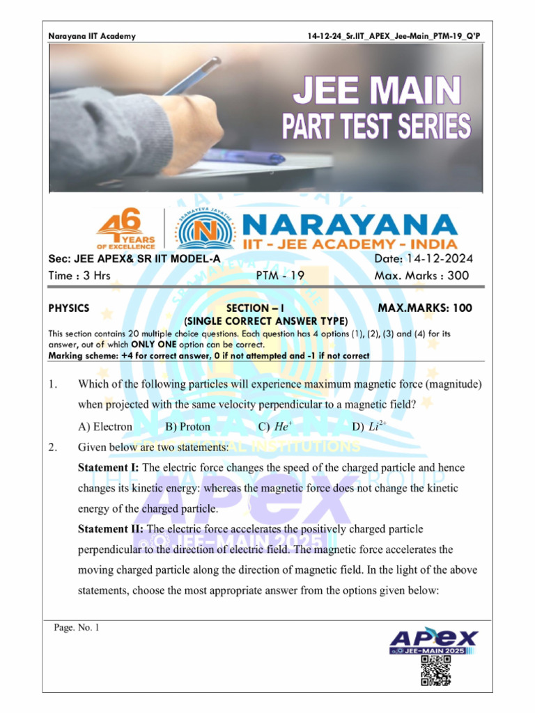 14-12-2024__sr Iit _ Jee Apex _jee Main Model_ptm-19_qp Final | PDF
