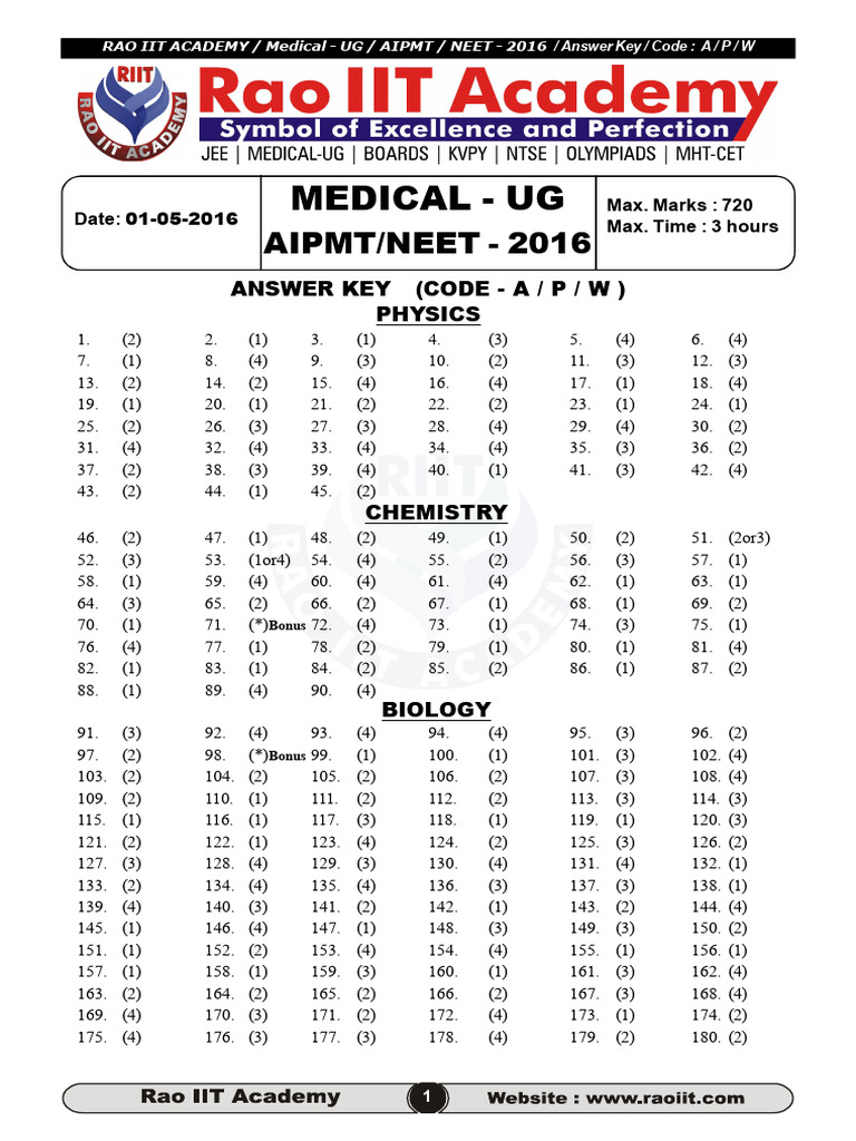 AIPMT-NEET-01!05!2016 Phase I Question Paper - Answer Key | PDF | Higher Education | Schools