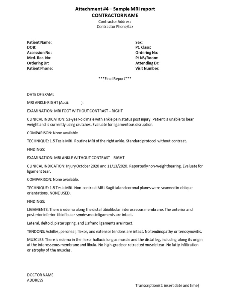 Attachment 4 Sample Mri Report | PDF | Ankle | Human Anatomy