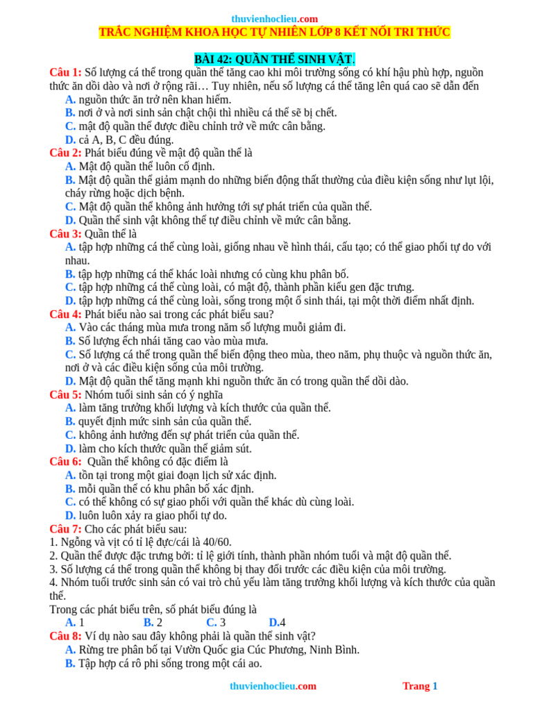 Trac Nghiem KHTN 8 KNTT Bai 42 | PDF