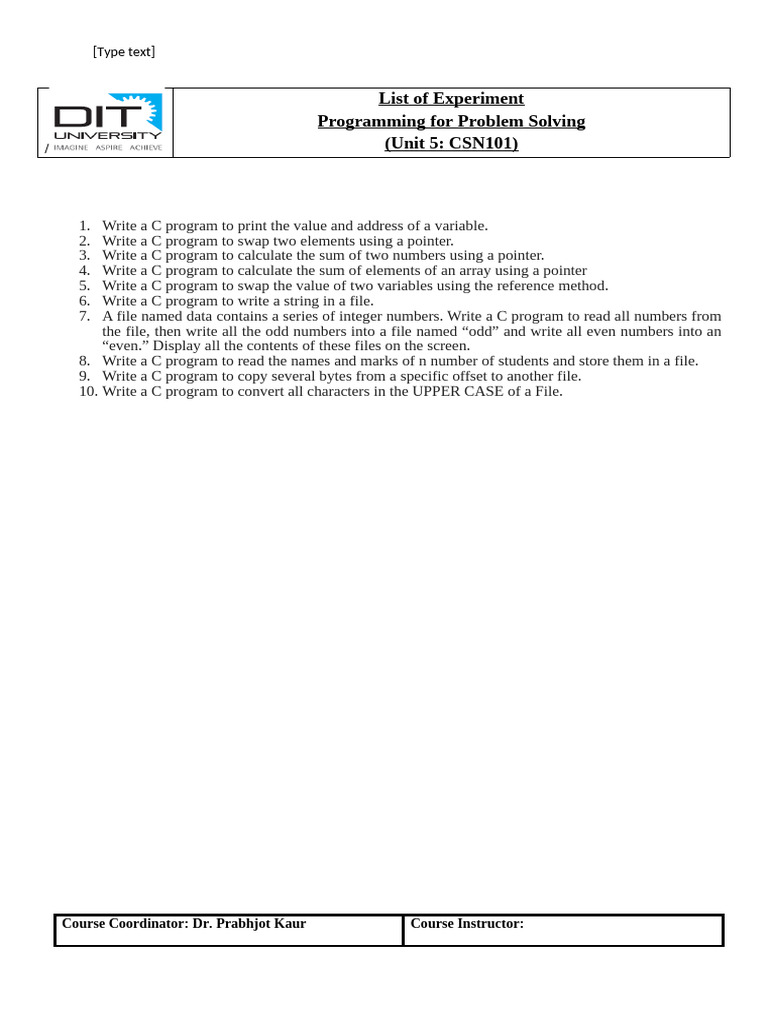 CSN101 Lab Objectives Unit-05 | PDF