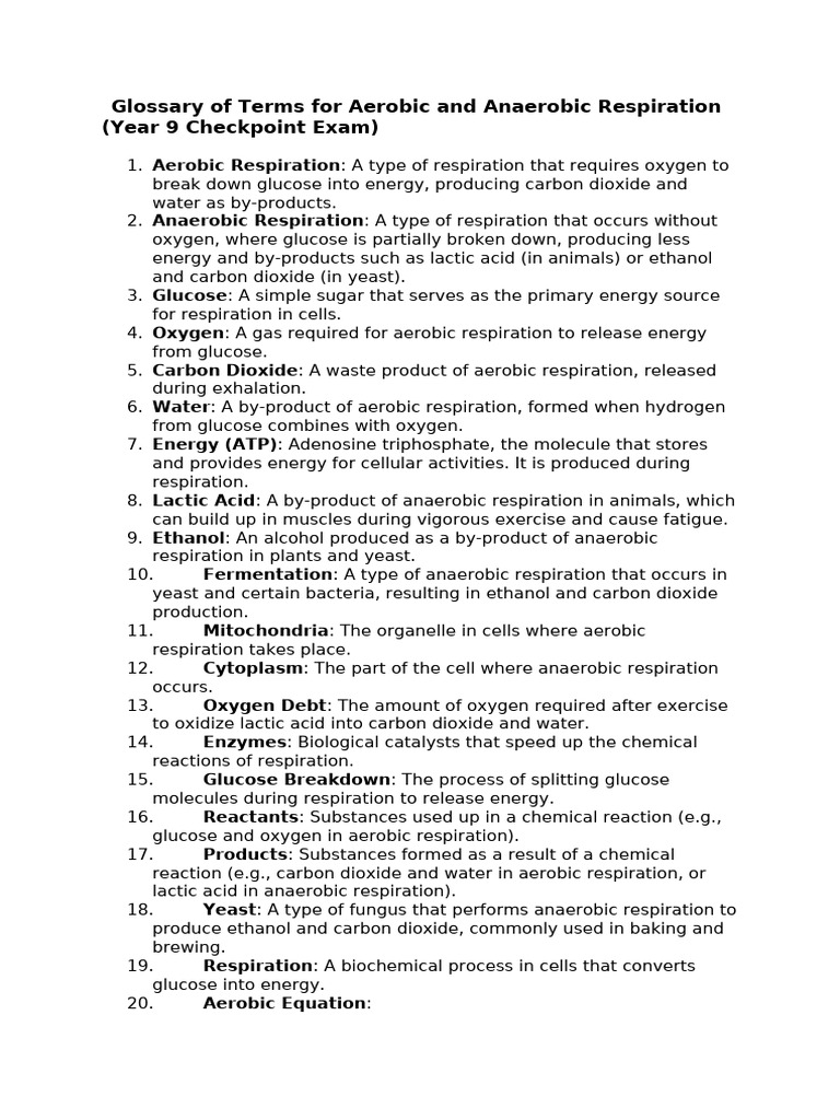 Glossary of Terms For Aerobic and Anaerobic Respiration | PDF ...