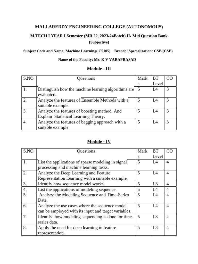 M Tech - ML MID2 - SUBJECTIVE (A5105) | PDF | Machine Learning | Applied Mathematics
