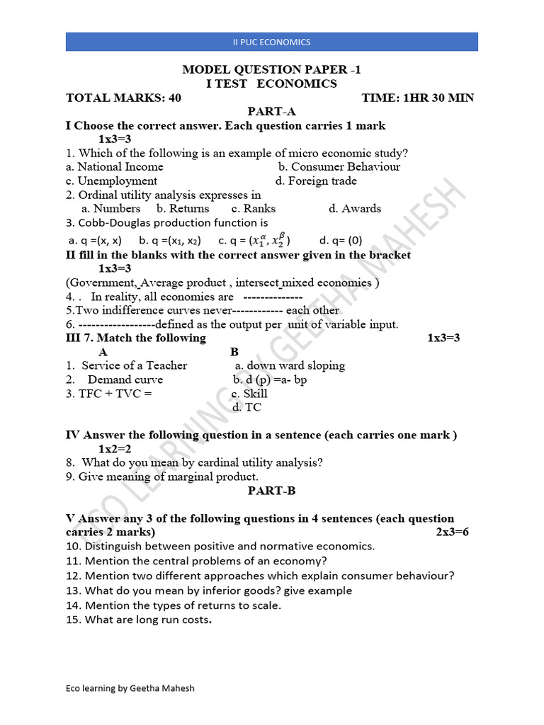 Ii Puc Economics Model Question Papers | PDF | Demand | Economics