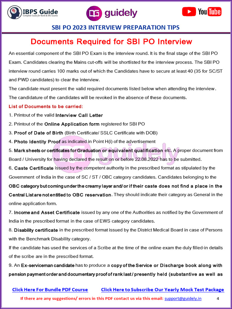 SBI PO 2023 Interview Document Checklist | PDF | Reserve Bank Of India