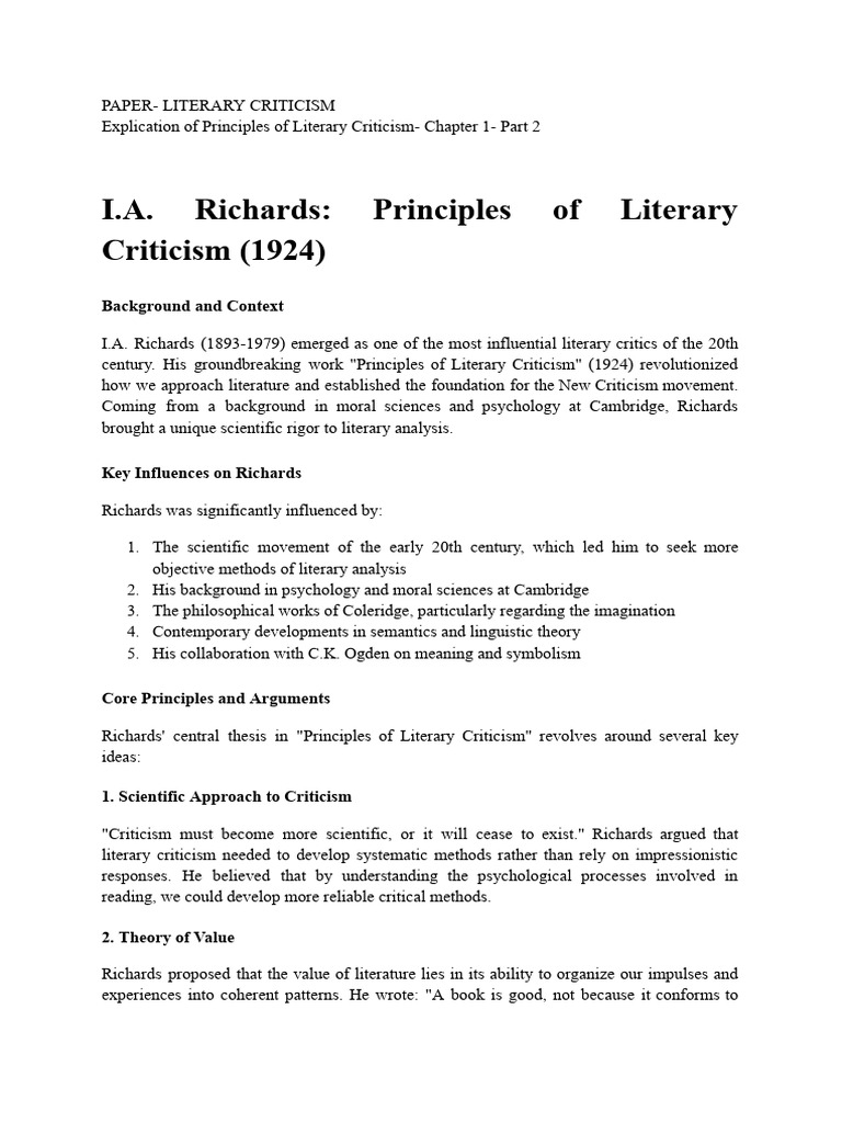 I.A. Richards' Literary Criticism Principles | PDF | Literary Criticism ...