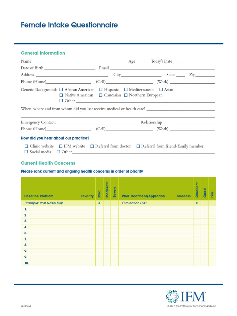 Female Health Intake Questionnaire | PDF | Birth Control | Healthy Diet