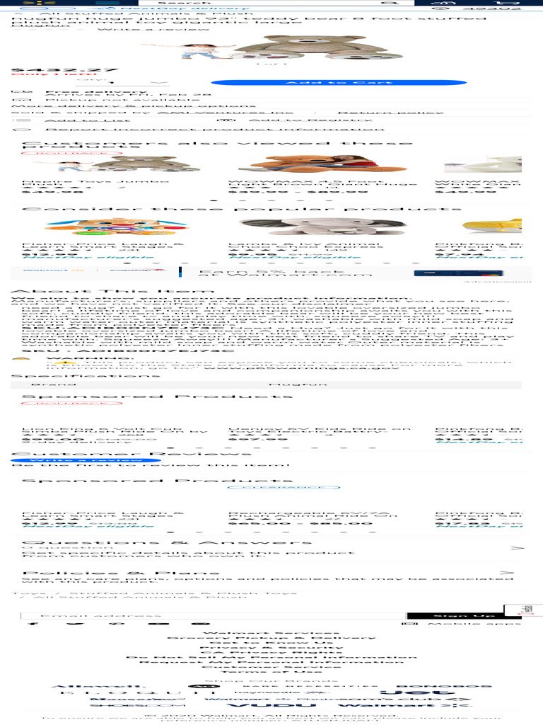 hugfun huge jumbo 93 teddy bear 8 foot stuffed plush animal toy ...