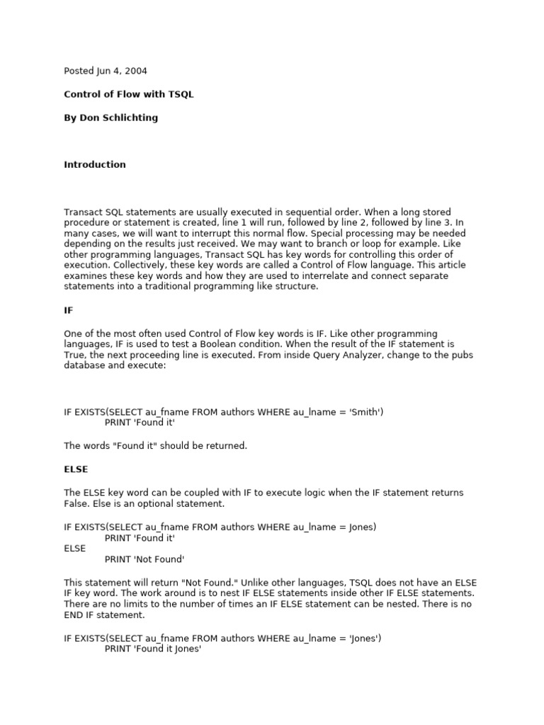 Control of Flow With TSQL | PDF | Boolean Data Type | Computer Science