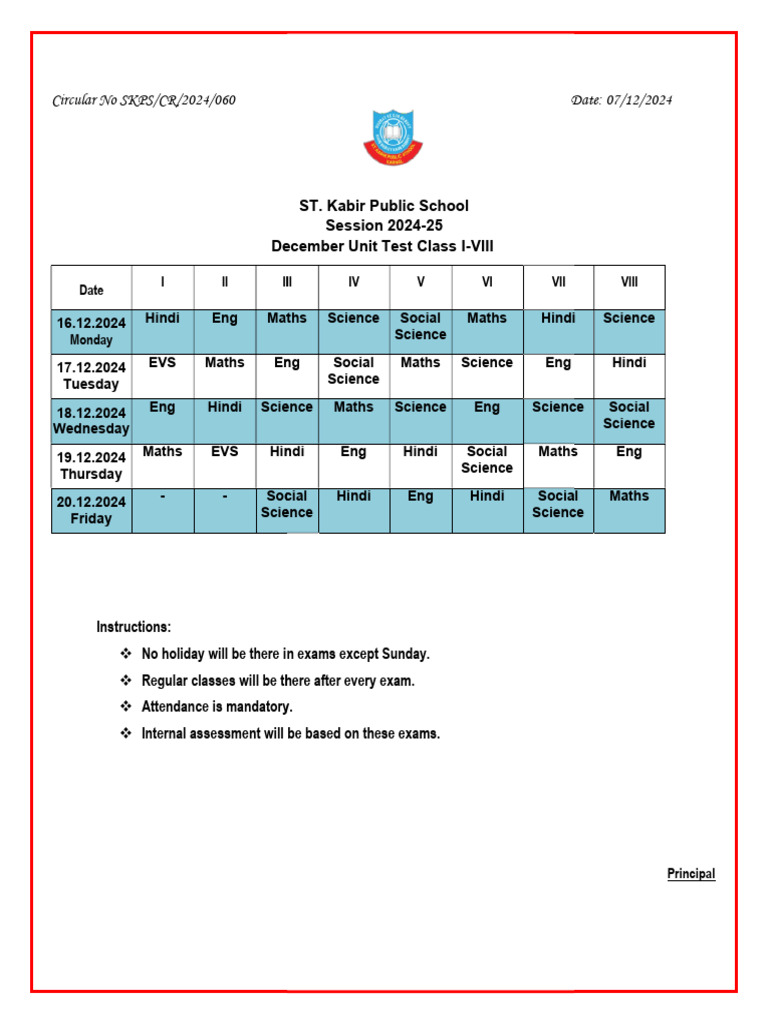 December Unit Test Date Sheet Class I To Viii | PDF
