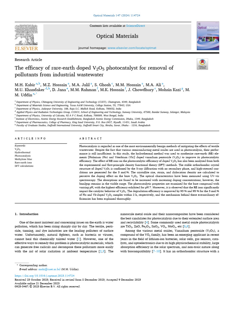 Rare-Earth Doped V2O5 for Wastewater | PDF | Ph | Density Functional Theory
