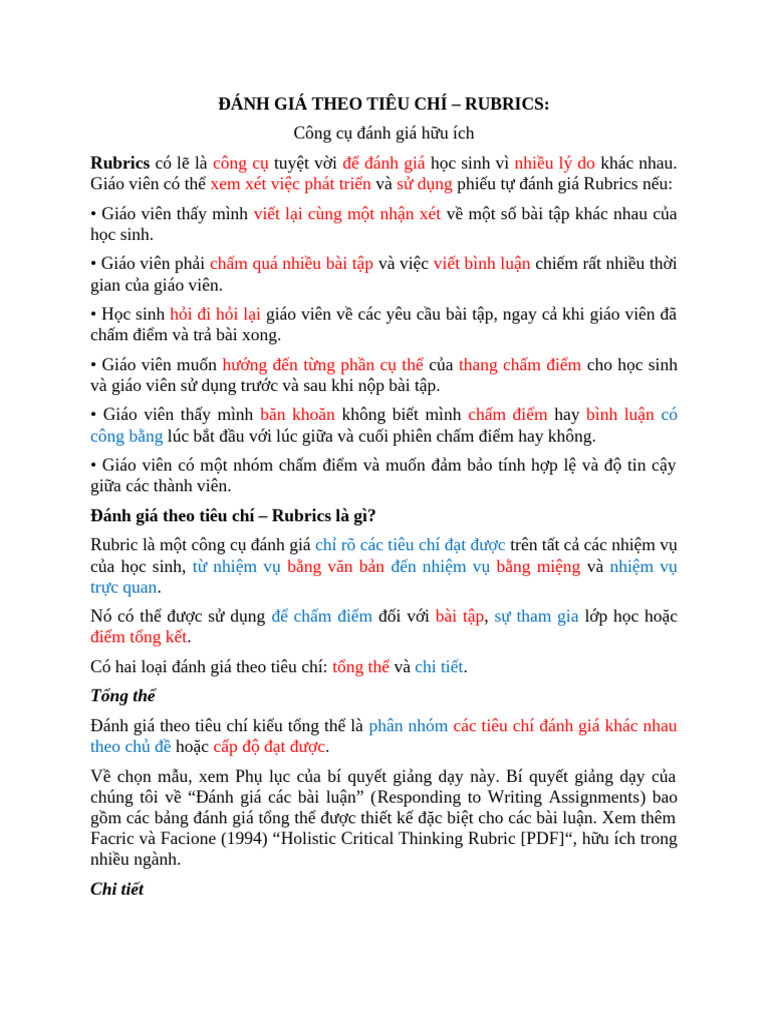 ĐÁNH GIÁ THEO TIÊU CHÍ Rubrics | PDF