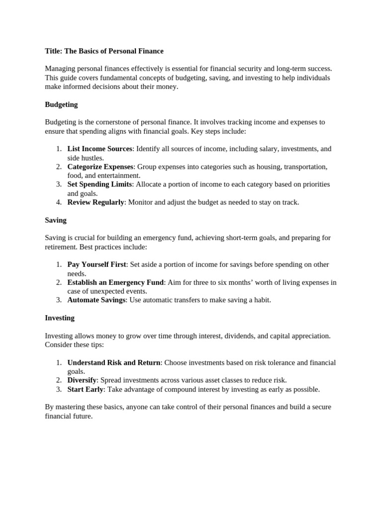 Title The Basics of Personal Finance | PDF