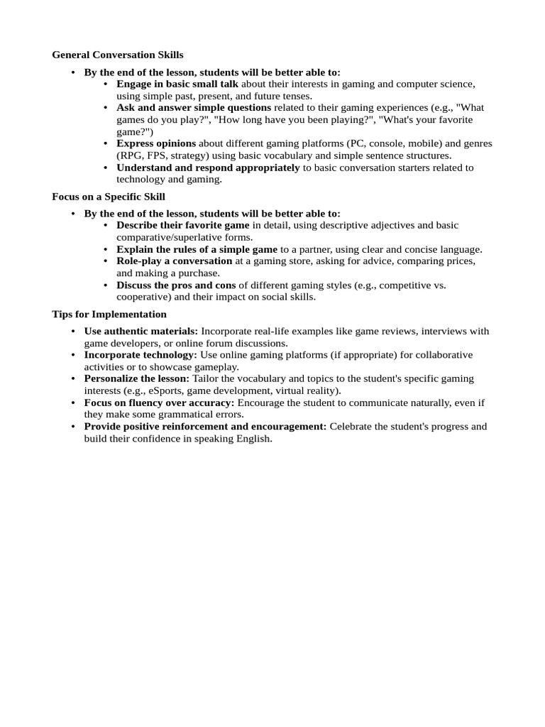 Gaming Conversation Skills Lesson Plan | PDF