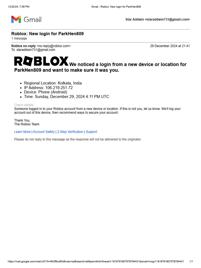 Gmail - Roblox - New Login For ParkHen809 | PDF