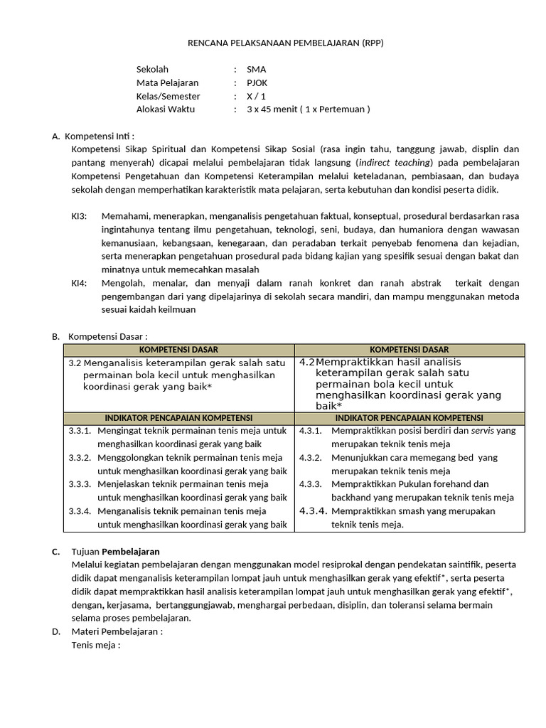 RPP PJOK Kelas X: Teknik Tenis Meja | PDF