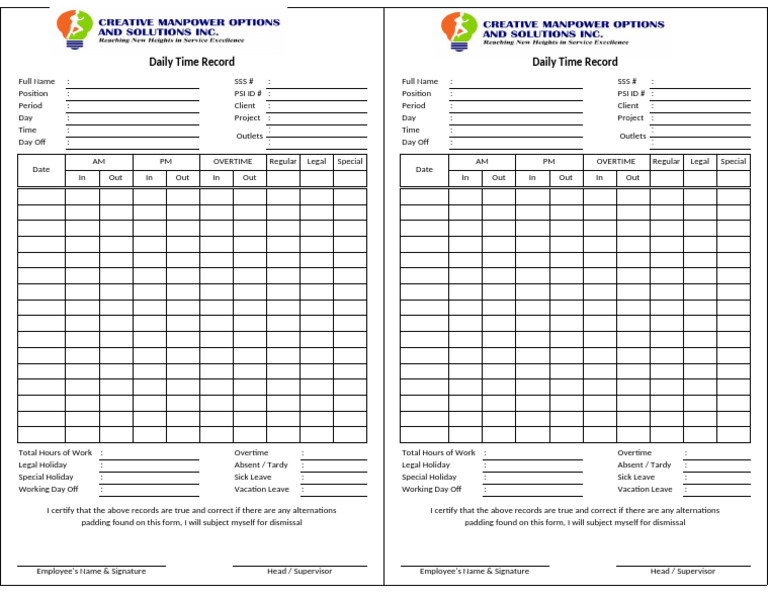 DTR timesheet Form | PDF | Labour Law | Social Policy