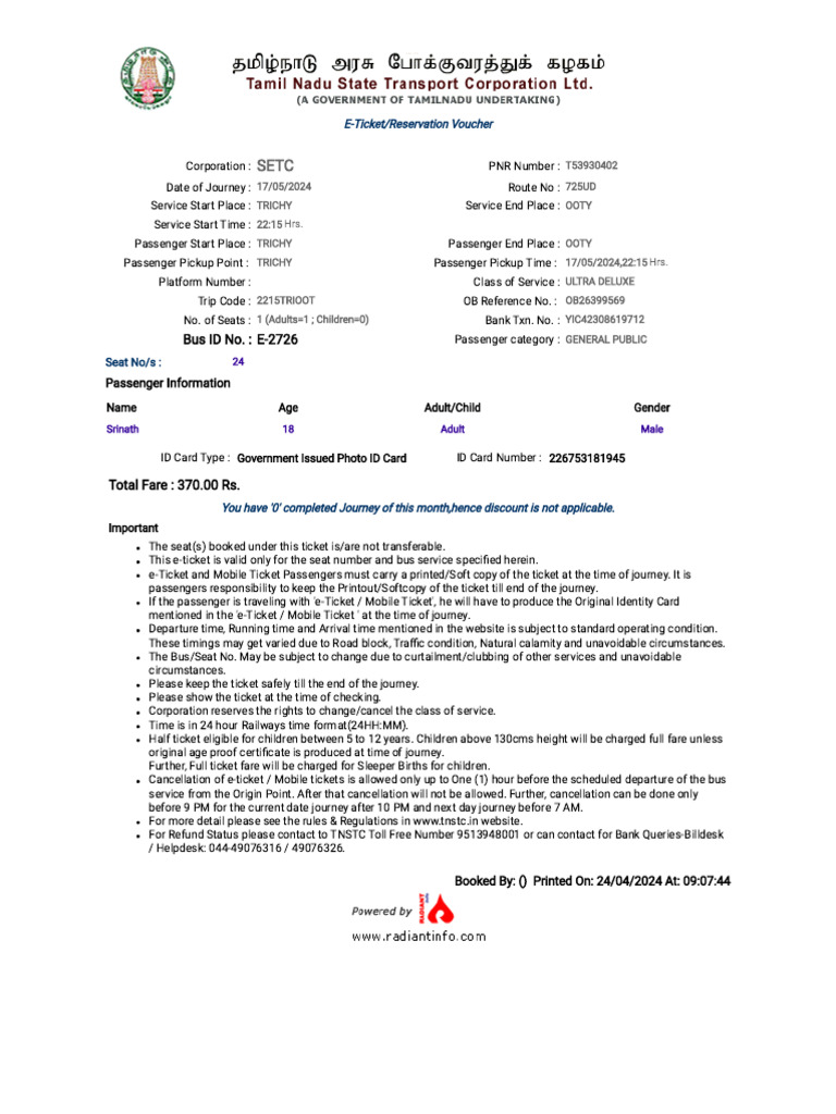 Tnstc. e Ticket | PDF | Identity Document | Transport