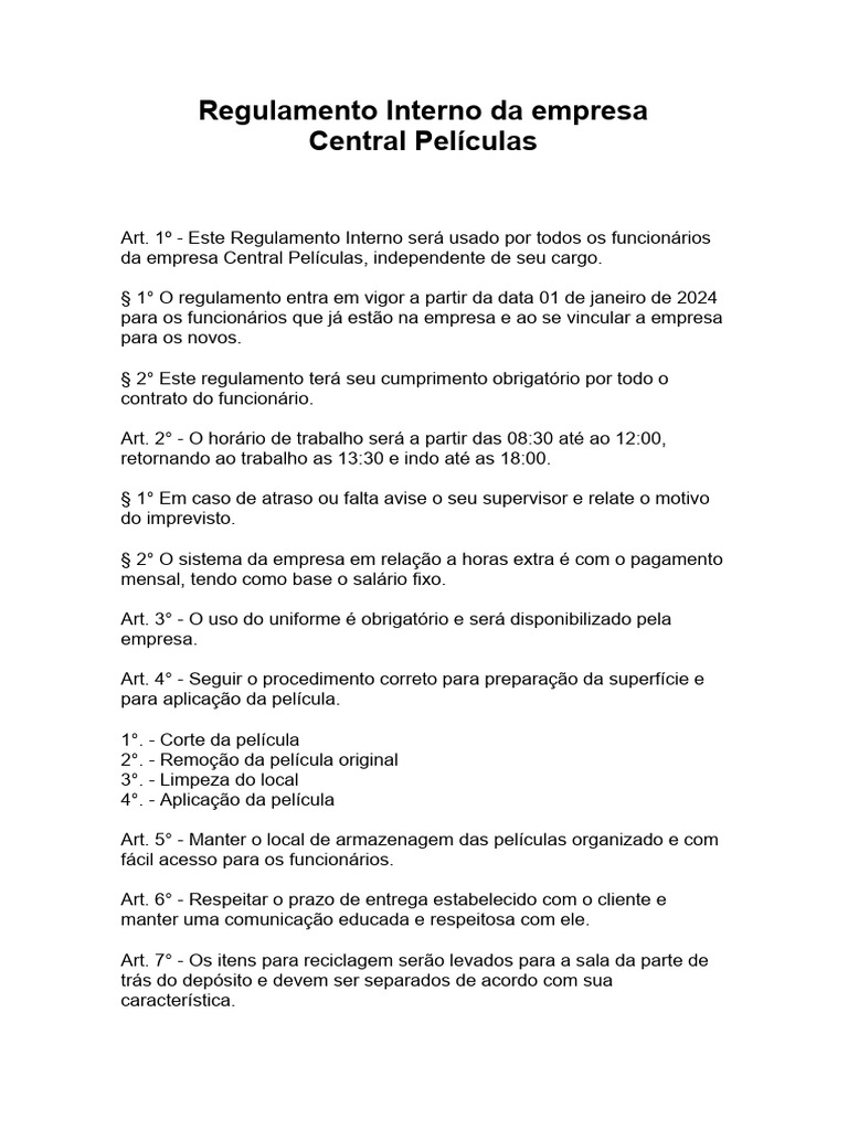 Regulamento Interno Da Empresa | PDF