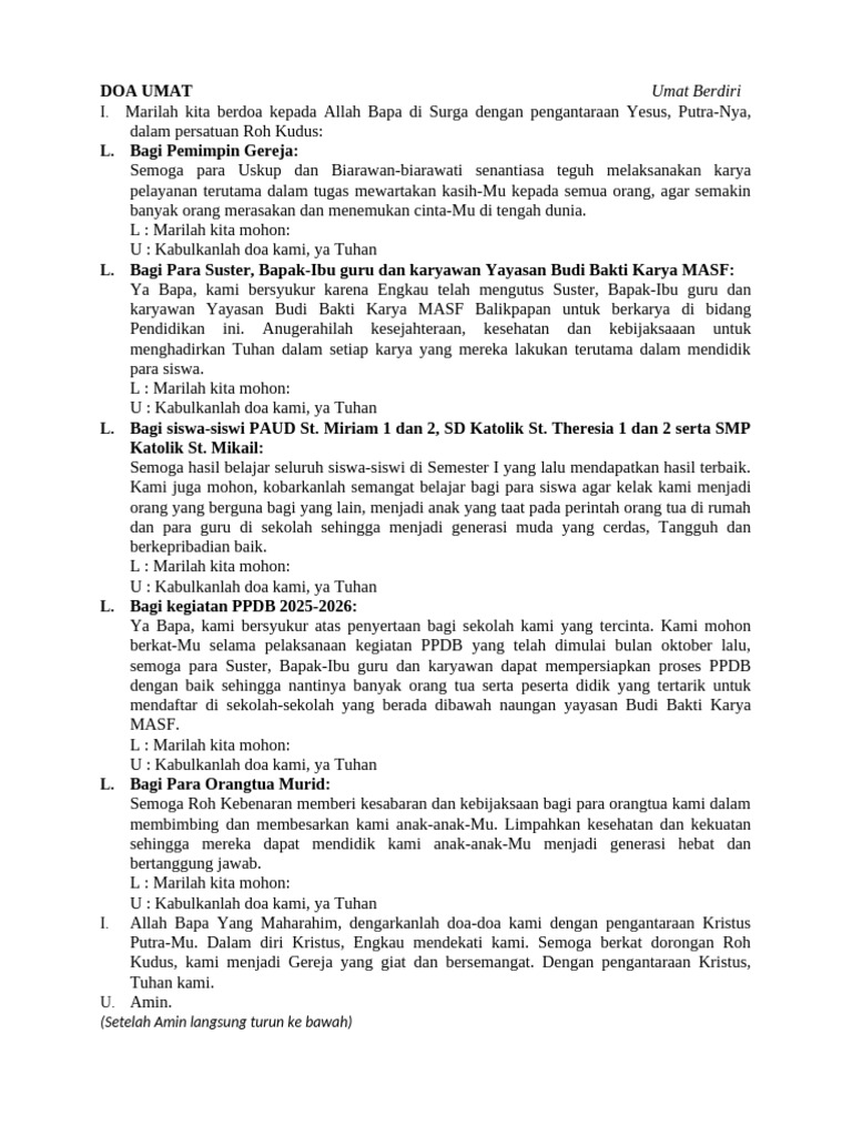 Doa Umat untuk Pendidikan dan Gereja | PDF