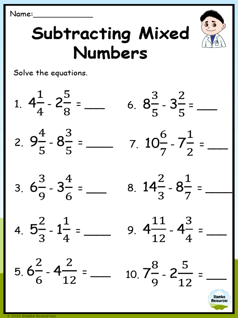 Grade 6 Subtracting Mixed Numbers Worksheet 5 | PDF