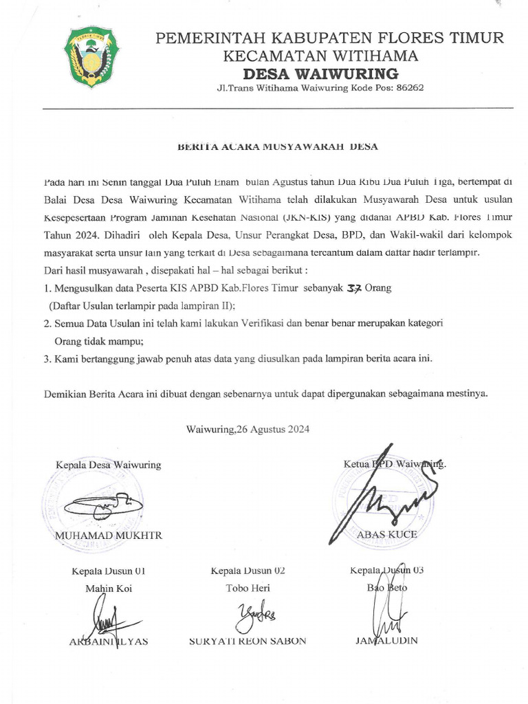 BERITA ACARA MUSYAWARAH PENGUSULAN JKN KIS 2024 | PDF