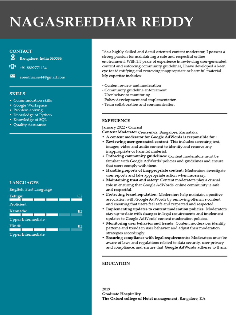 Content Moderator Resume Example | PDF | Regulatory Compliance
