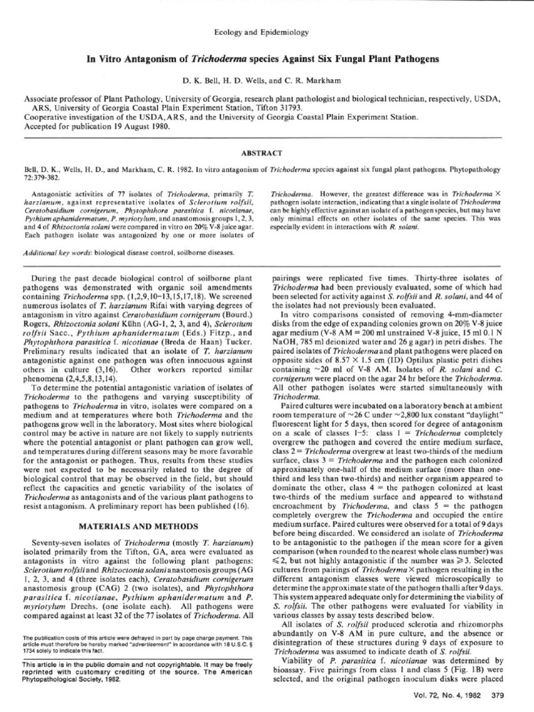 1982 - Bell - in Vitro Antagonism of Trichoderma Species Against Six Fungal Plant Pathogens ...