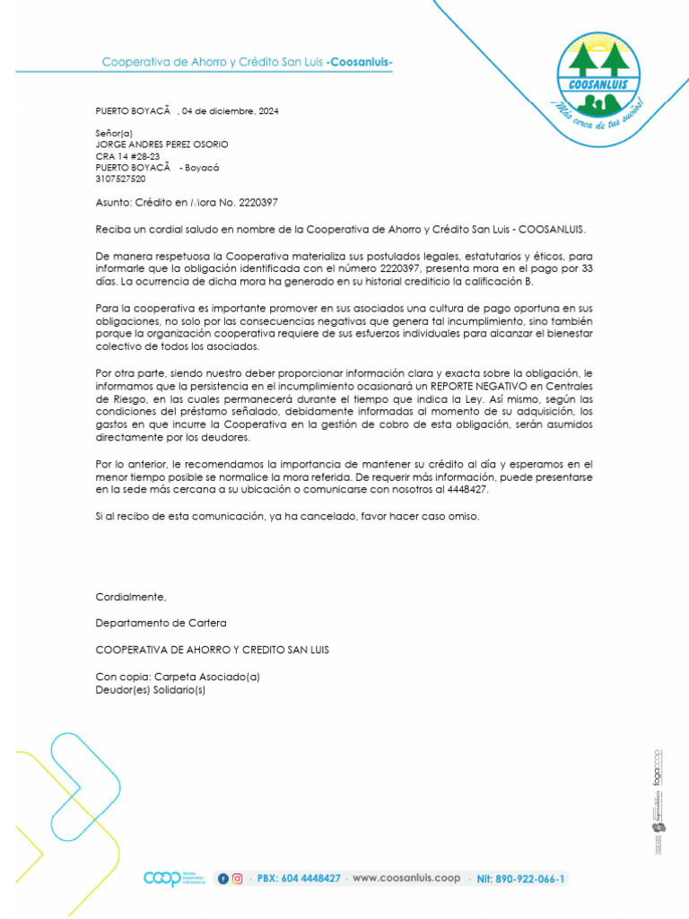 Puerto Boyacã, 04 de Diciembre, 2024 Señor (A) Jorge Andres Perez Osorio CRA 14 #28-23 Puerto ...