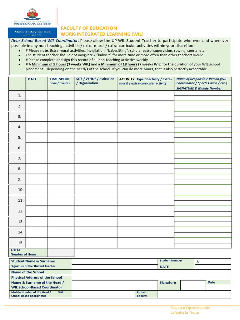 Wil Non-Teaching Extra-Mural Activities Log Sheet Student Teachers | PDF
