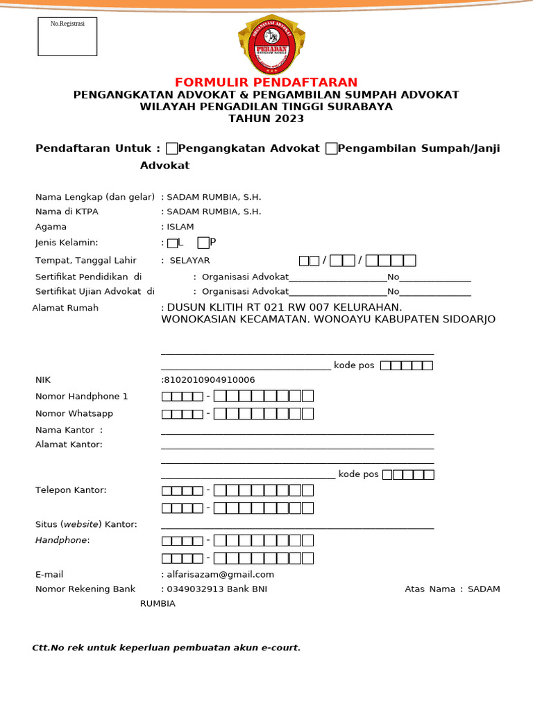 Formulir - Pengangkatan & Sumpah - Advokat - PERADAN 2023 | PDF