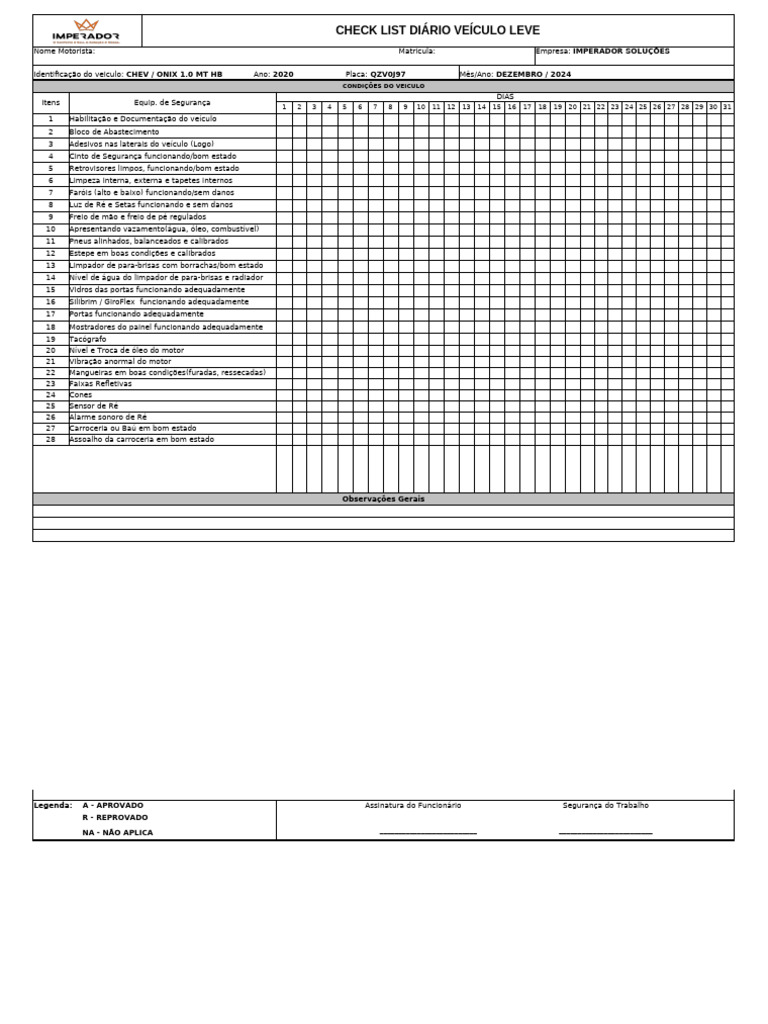 Check-List - Veiculo Leve Chev Onix 1.0 | PDF