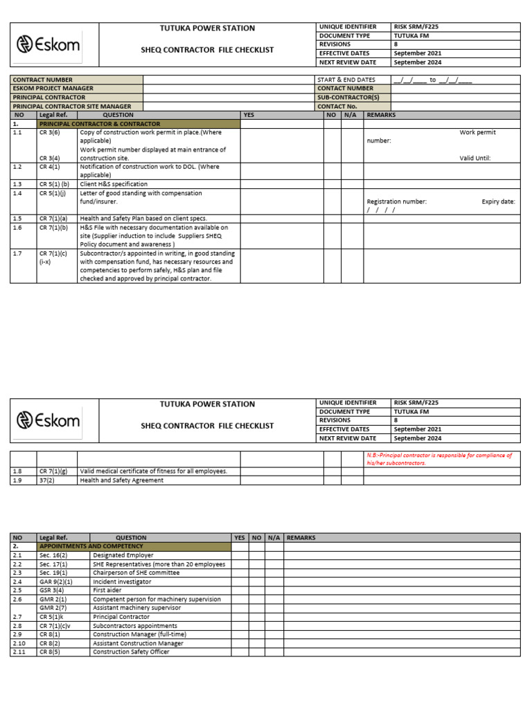 Sheq Contractor File Checklist | PDF | Risk Assessment | Demolition